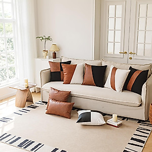 GEGELICA Faux Leather Patchwork White Linen Throw Pillow Covers Modern Minimalist Farmhouse Solid Boho Decorative Pillow Covers for Couch Living Room Bedroom Set of 2 18X18 Inch Brown and Cognac