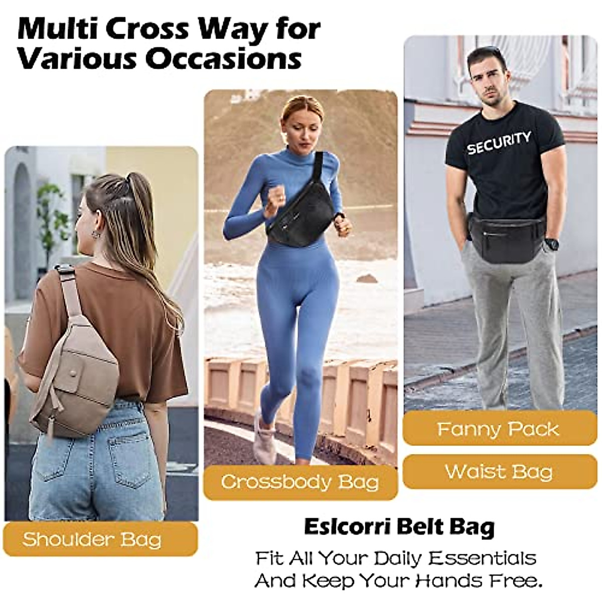 Eslcorri Everywhere Belt Bag for Women Men - Fashionable Crossbody Bags Vegan Leather Fanny Pack Unisex Chest Bum Waist Packs Casual Shoulder Sling Purse for Travel Camping Hiking Running