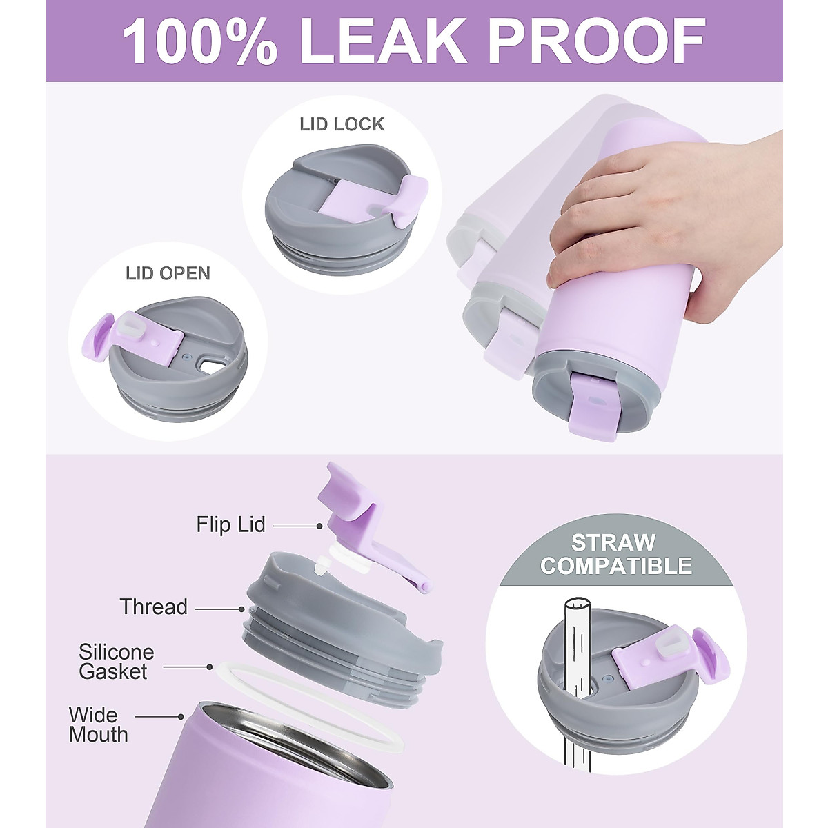 SUNWILL Insulated Coffee Mug with Lid, Leakproof Travel Coffee Tumbler Cups, 12 oz Iced Coffee Cup Powder Coated Lavender