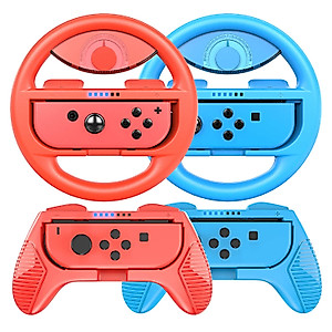 Switch Steering Wheel Grips for Switch Controller & Joycon Hand Grips 4 Pack for Mario Kart 8 Deluxe,Accessories Racing Wheel Kit Grips(Blue &Red)