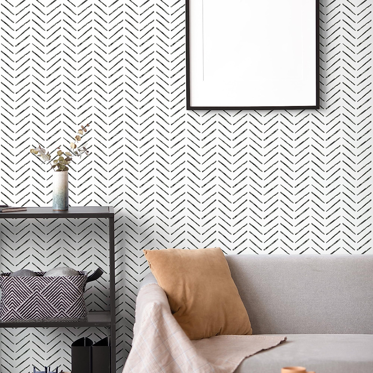 Rugreat Herringbone Peel and Stick Wallpaper Modern Contact Paper for Cabinets Stripe Wallpaper Neutral Self Adhesive Removable Wallpaper for Bedroom Bathroom Waterproof Black and White 78.8"×17.3"