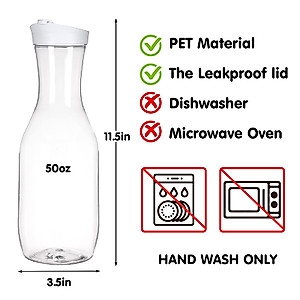 Tomnk 50oz Plastic Pitcher with Lid, Round Carafe Pitcher for Water, Cold Tea, Juice, Milk, Cold Brew, Mimosa Bar and Other Drinks, 2 Pack