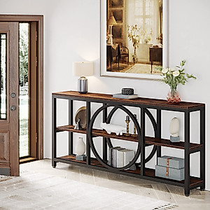 Tribesigns Extra Long Console Table, 70.9 inch Narrow Sofa Tables with 3 Tier Wood Storage Shelves Industrial Metal Frame for Entryway Hallway Living Room Behind Couch, Rustic Brown Black