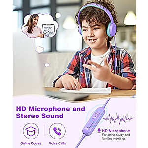 Link Dream Kids Headphones for School Girls Boys with Microphone, Volume Limiter 85/94dB Stereo 3.5.mm Jack On-Ear Folding Headphones for Kids Travel Tablet Computer (Purple)