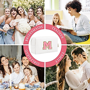 Personalized Initial Letter Patch Makeup Bag, Preppy Portable Chenille Letter Cosmetic Bag with Zipper, PU Leather Waterproof Travel Toiletry Bag Monogram Make Up Pouch for Women Girls(Letter M)