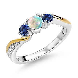 925 Silver and 10K Yellow Gold White Simulated Opal Blue Created Sapphire and White Lab Grown Diamond 3 Stone Engagement Ring For Women (0.56 Cttw, October Birthstone, Available In Size 5, 6, 7, 8, 9)