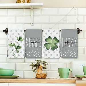 AnyDesign St. Patrick's Day Kitchen Towel Gray White Lucky Kisses Dish Towel Shamrock Clover Hand Drying Tea Towel for Cooking Baking Cleaning Wipes, 18 x 28 Inch, Set of 4