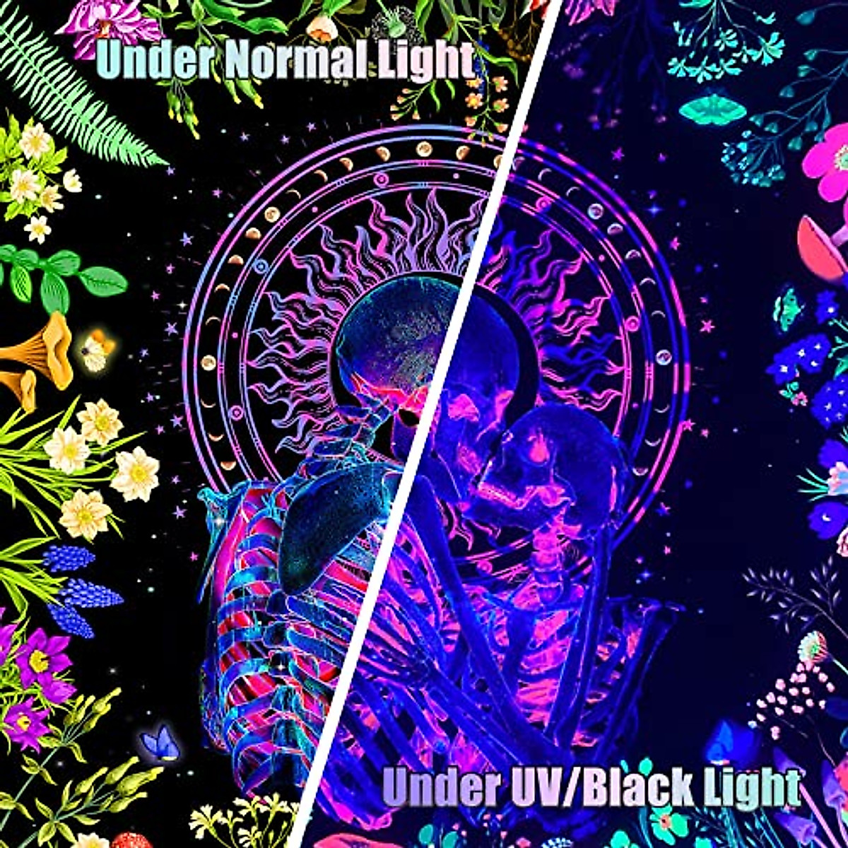 AACKart Blacklight Skull Tapestry, UV Reactive Kissing Lovers Skeleton Tapestry for Bedroom Aesthetic Colorful Floral Tapestries Glow in the Dark 51.2”x 59.1”