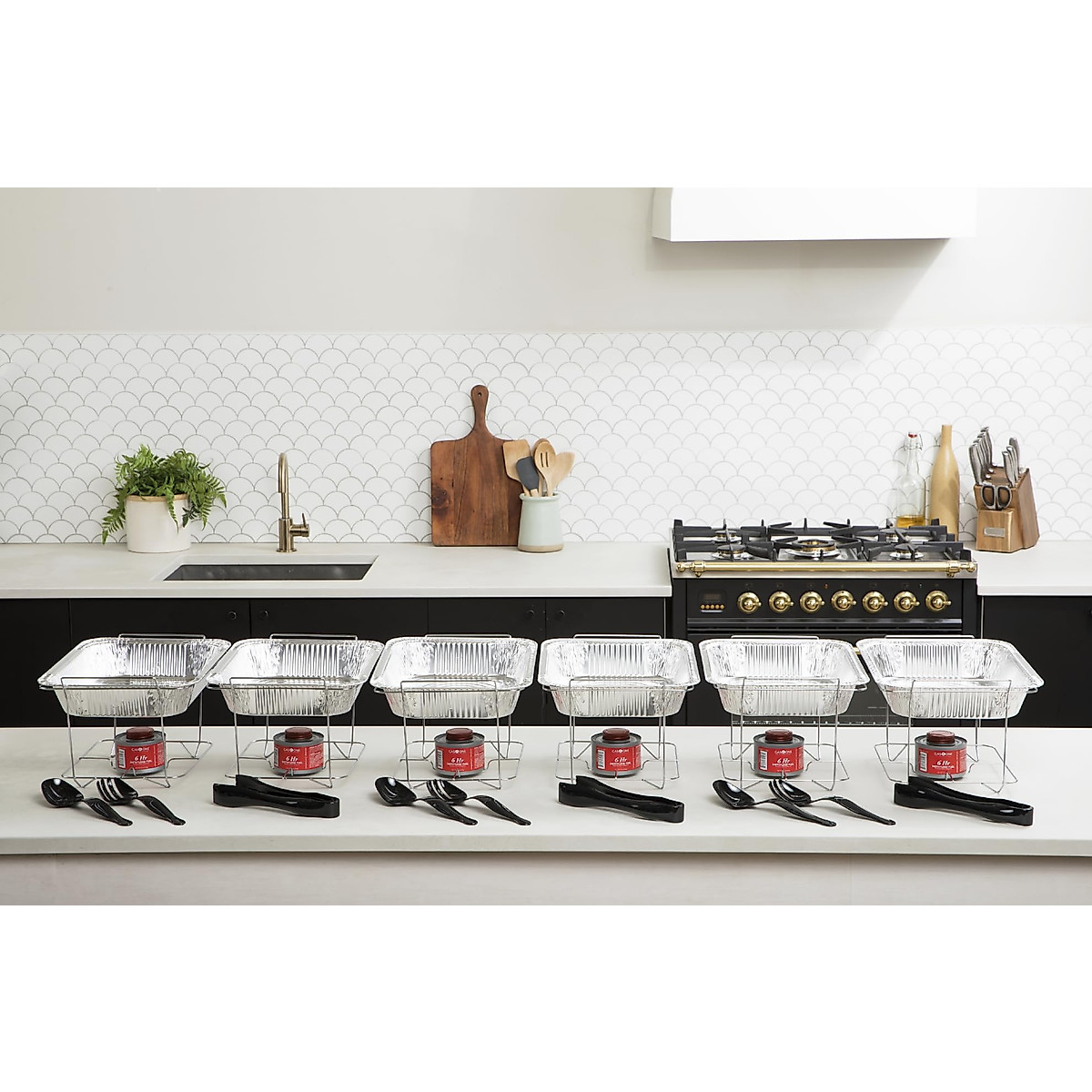 Alpha Living 6 Pack - Disposable Chafing Dish Buffet Set, Welded Body Food Warmers for Parties, 6hr Fuel Cans Complete Set, Half Size Pans, Warming Trays