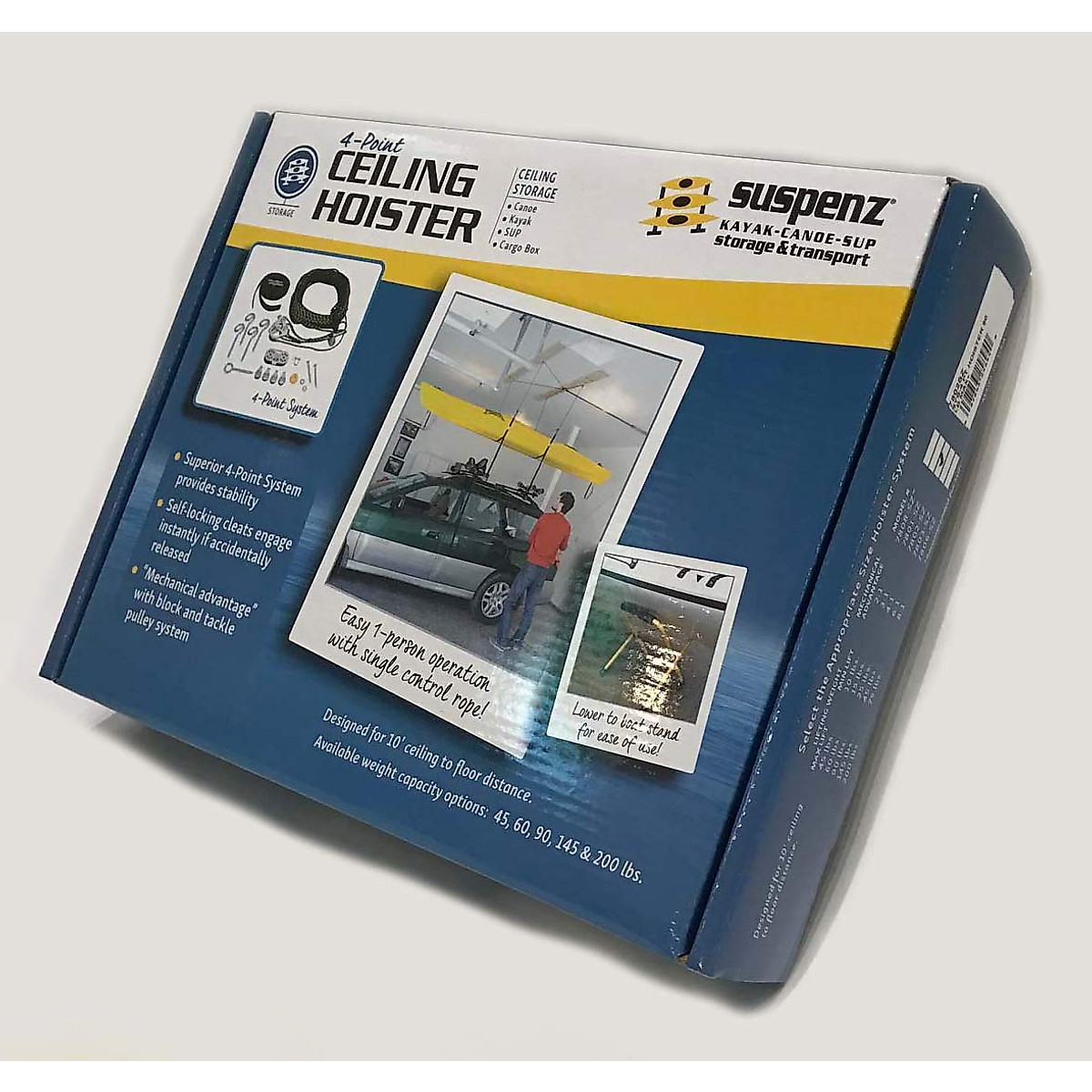 Suspenz Ceiling Hoist Overhead Storage | Garage Pulley System | Kayak Canoe SUP Cargo Box | Multiple Sizes