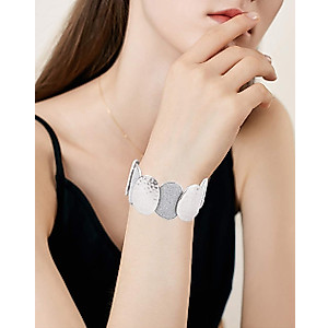 LENOOCLE Hammered Druzy Bracelet Silver Glitter Chunky Stretch Bracelet Statement Elastic Bracelet Bangle for Women Girls Christmas Jewelry Gifts(Silver)