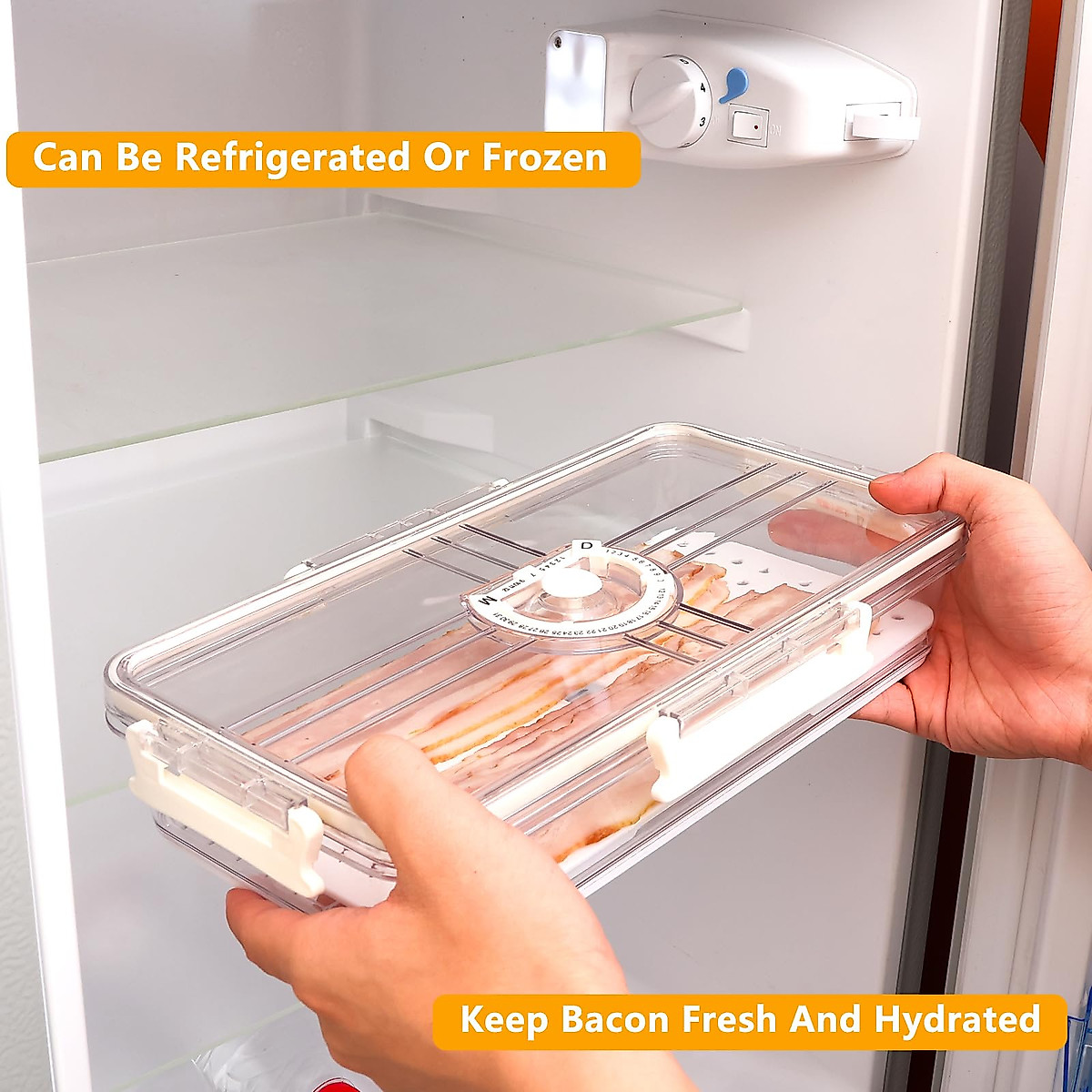 2 Pack Bacon Container with Lids for Refrigerator, Deli Meat Cheese Storage Container with Date Record, Bacon Tray Holder for Fridge, Bacon Saver Keeper with Food Serving Tongs and Drain Plate