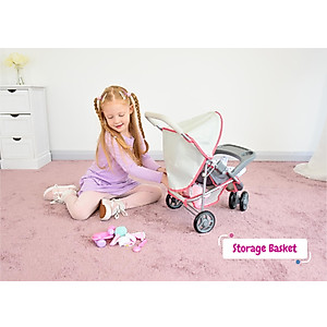 KOOKAMUNGA Baby Doll Stroller Travel System - Retractable Canopy, Feeding Tray, Soft Handle & Swivel Wheels - Pink Gray