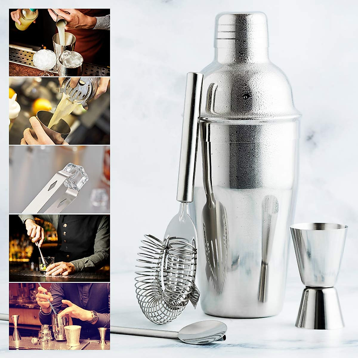 Cocktail Shaker Set with Stand, 15 Piece Bartender Kit Home Bar Accessories - Martini Shaker with Built-in Strainer, Muddler, Jigger, Drink Shaker 304 Stainless Steel, House Warming Gitfs New Home