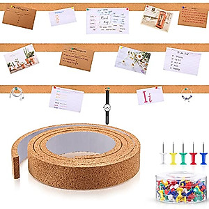 Cork Strips Bulletin Bar Strips Frameless Cork Board Memo Strip with 1 Roll Double-Side Tape and 100 Multi-Color Map Thumb Tacks Pushpins in 1 Box for Office, School and Home (Brown, 79 Inch)