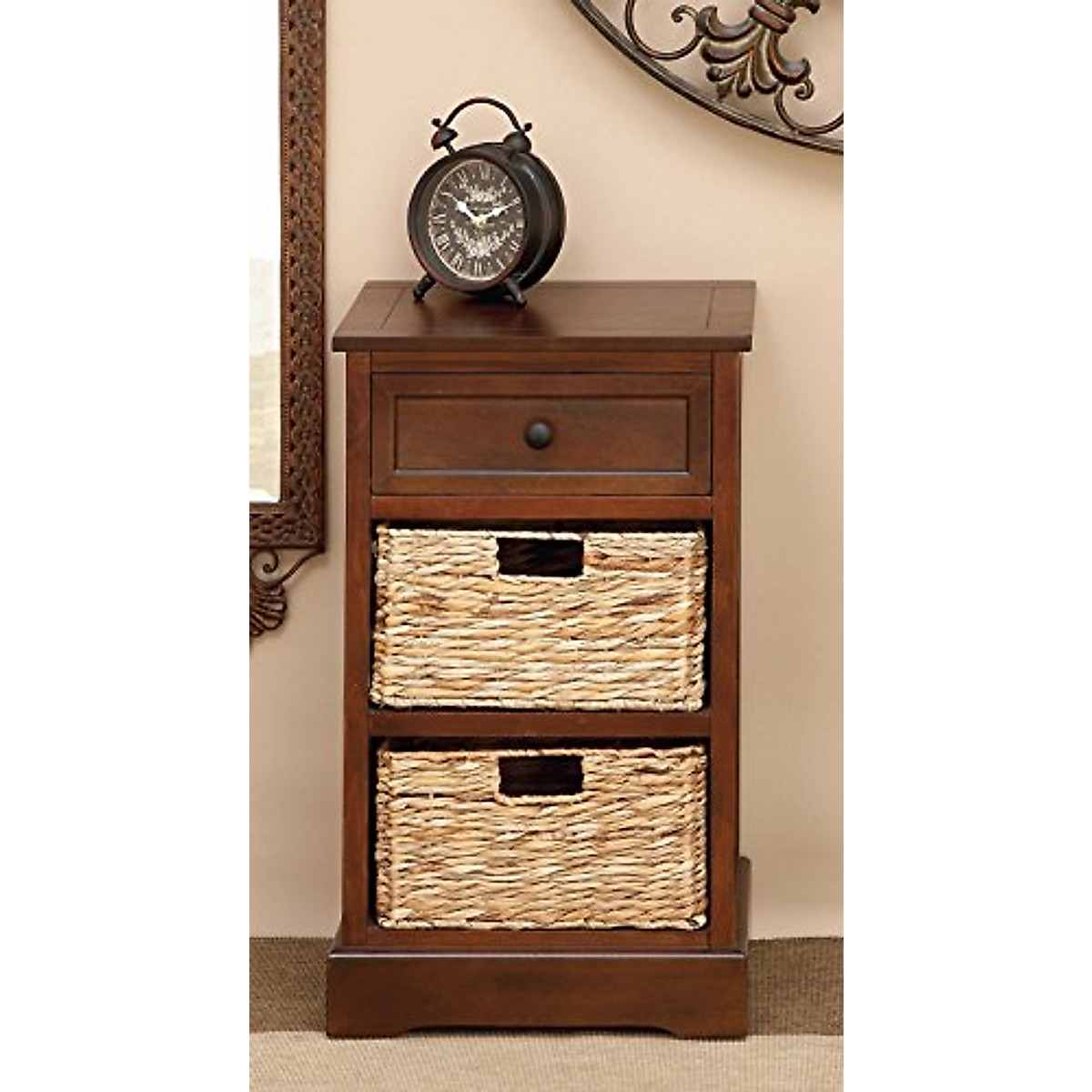 Deco 79 Wood 2 Baskets and 1 Drawer Storage Unit, 16" x 13" x 28", Brown