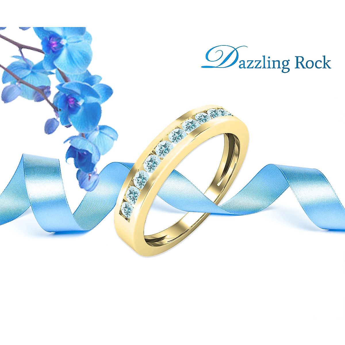 Dazzlingrock Collection Round Aquamarine Stackable Single Row Wedding Band for Women in 14K Yellow Gold, Size 7.5