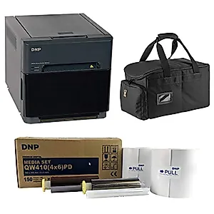 DNP QW410 4.5-inch Dye-Sublimation Professional Event Photo Booth Printer Essential Bundle with 4x6-inch Digital Media, 2 Rolls (300 Total Prints), Slinger Printer Case