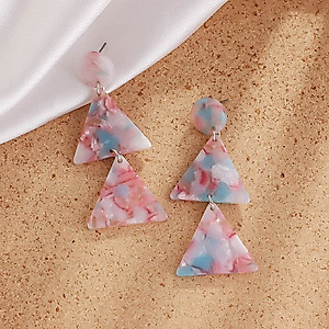 Acrylic Double Triangle Dangle Earrings for Women Resin Geometric Round Circle Tassel Drop Dangling Stud Hypoallergenic Lightweight Retro Party Y2K Jewelry Christmas Tree (Pink and Blue)