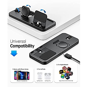 LERCIOR Portable 3 in 1 Charging Station for Apple Devices Foldable Charger Station for Apple Watch 7/6/SE/5/4/3/2/1 Charger Stand, Charging Station for iPhone AirPods Pro3/2/1 Charging Stand Black