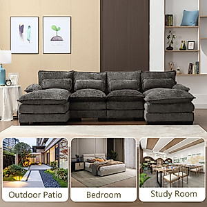 Lakifun Convertible Sectional Sofa, Chenille Fabric U Shaped Couch 4 Seat Sofa with Double Chaises for Living Room, Grey