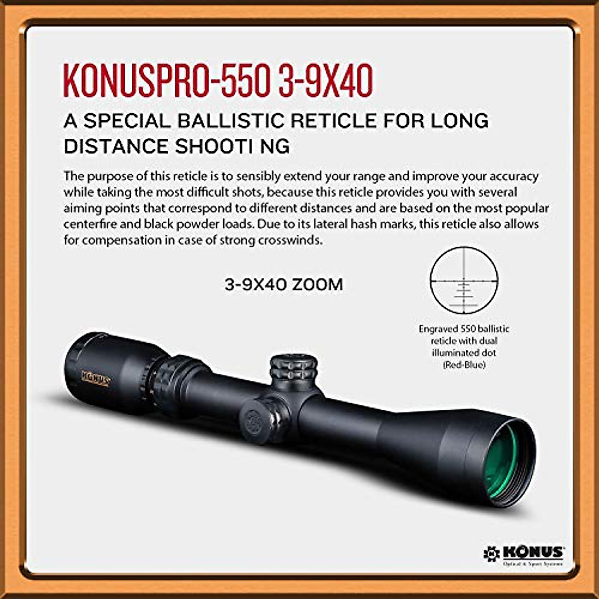 KONUS — KonusPro 7276 - 550 IR 3X-9X40 Riflescope w/ Engraved 550 Ballistic Reticle and Illuminated Center Dot