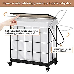 Laundry Hamper with Wood Lid and Divided Liner Bag; Durable Laundry Basket with Heavy Duty Rolling Lockable Wheels; Clothes Hamper with Removable Liner Bag; Laundry Sorter with Metal Handle (White)