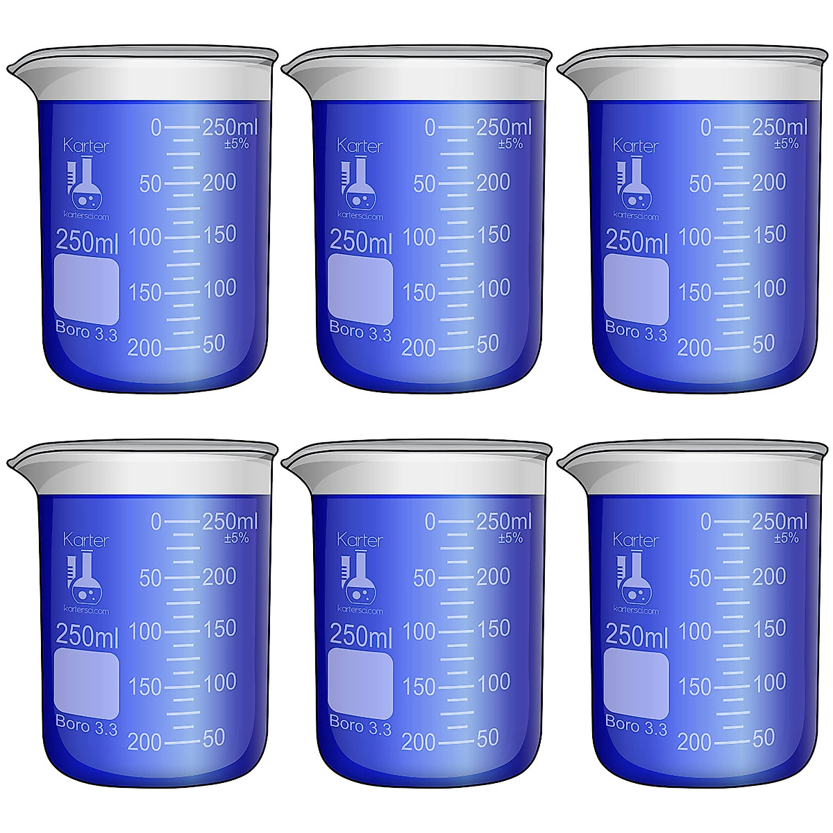 Glass Griffin Beaker, Low Form, 250ml, Karter Scientific (Pack of 6)