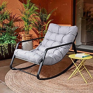 WQSLHX Oversized Patio Rocking Chair with Cushion, Indoor Metal Lounge Rocker Chair, Outdoor Lazy Chair for Front Porch, Garden, Backyard, Lawn, Gray
