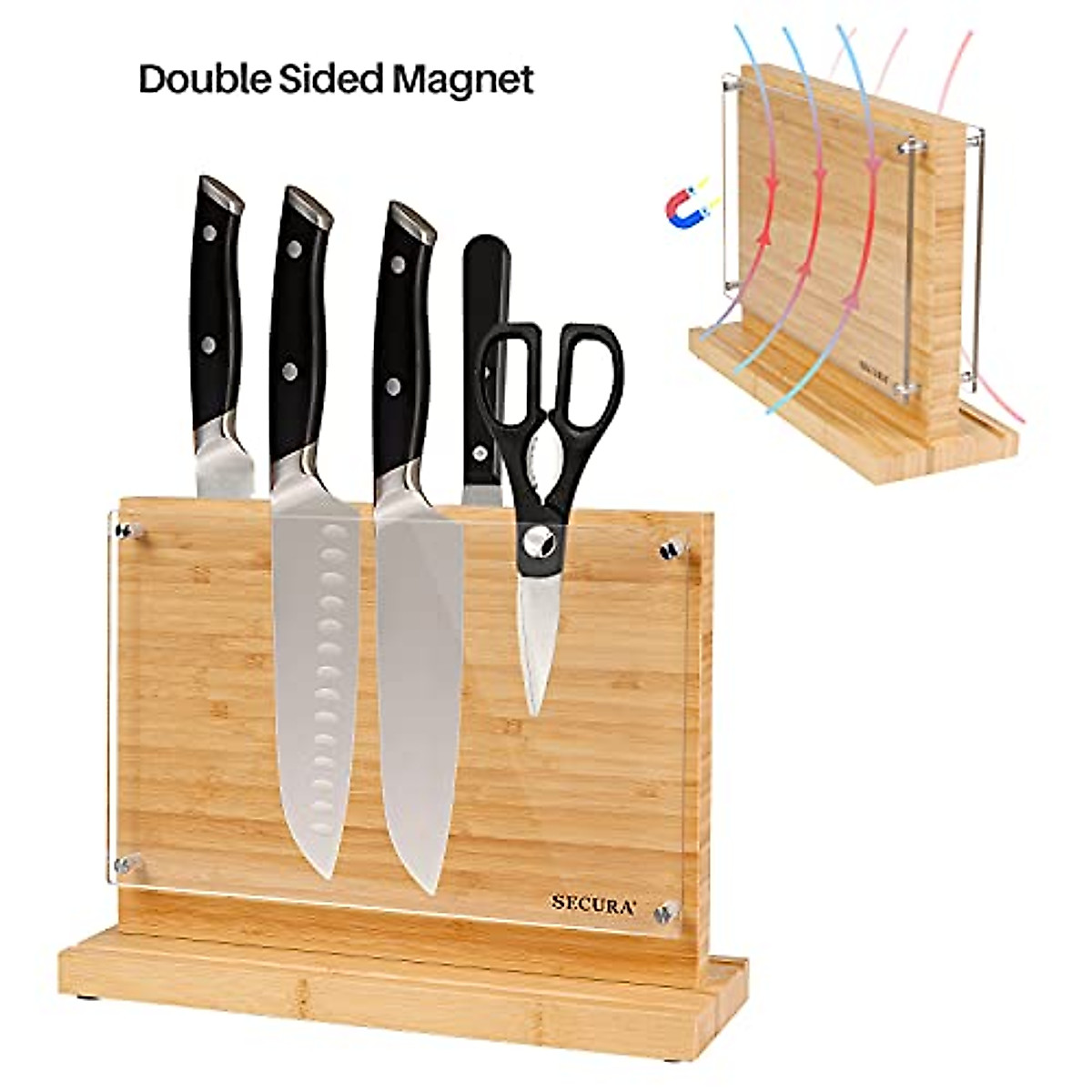 Secura Magnetic Knife Block, Bamboo Knife Stand, Double Side Knife Holder, Kitchen Multifunctional Storage with Transparent Acrylic Protection Shield,12 inch
