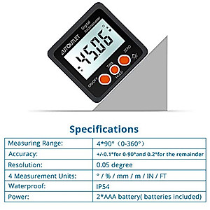 AUTOUTLET Digital Angle Finder Gauge Magnetic Angle Level Finder Digital Protractor Inclinometer Miter Angle Cube Level Box for Woodworking,Table Saw with Backlight 0-360° Rotation