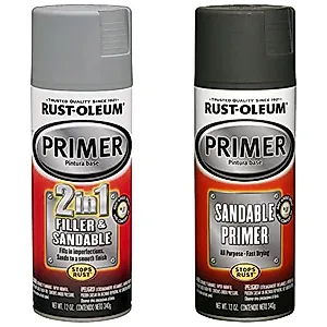 Rust-Oleum 260510 Automotive 2-in-1 Filler & Sandable Primer, 12 Ounce (Pack of 1), Gray & 249418 Automotive Sandable Primer Spray Paint, 12 Fl Oz (Pack of 1), Black