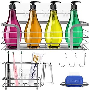 LRNIOT Shower Caddy,with Toothbrush Holder Soap Dish Holder,Stainless Steel Stand, No Drilling Bathroom Organizer for Toothbrush, Toothpaste, Facial Cleanser, Comb (Silver, 9 Pcs/Set)