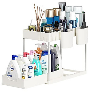 BEWAVE Under Sink Organizers and Storage, 2 Tier Under Sliding Cabinet Storage with Hooks and Basket, Multipurpose Under Sink Rack for Bathroom Kitchen Countertop Laundry, 1 Pack, White