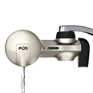 PUR PLUS Horizontal Faucet Mount Water Filtration System, 3-in-1 Lead Reducing Filter for Great-Tasting Filtered Tap Water, Lasts 100 Gallons, Fits Most Kitchen or Bathroom Faucets, Stainless Steel