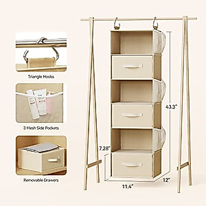 Pipishell Hanging Closet Organizer 6-Shelf, Hanging Shelves for Closet with 3 Removable Drawers & Side Pockets, Hanging Shelf Organizer for Bedroom or Garment Rack, 12'' x 12'' x 43.3'', Beige