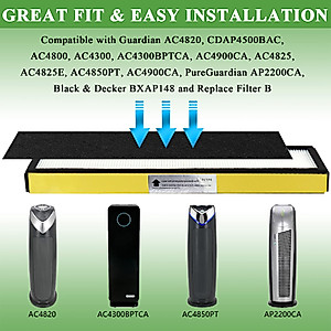 Funmit FLT4825 Filter B Replacement for Guardian AC4825 AC4825E AC4300 AC4800 AC4900 AC4850-3 True Filter + 12 Activated Carbon Pre Filter