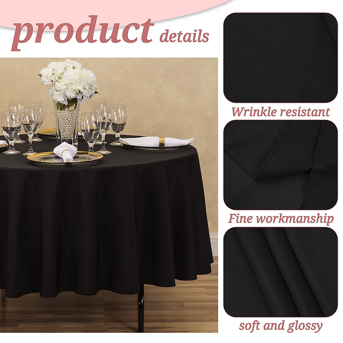 6 Pack Polyester Round Tablecloth 70 inch Black Table Cloths Water Resistant Polyester Cloth Round Tablecloths Washable Tablecloth for Party,Wedding Reception,Restaurant Banquet,BBQ,Dinner,Gift Table
