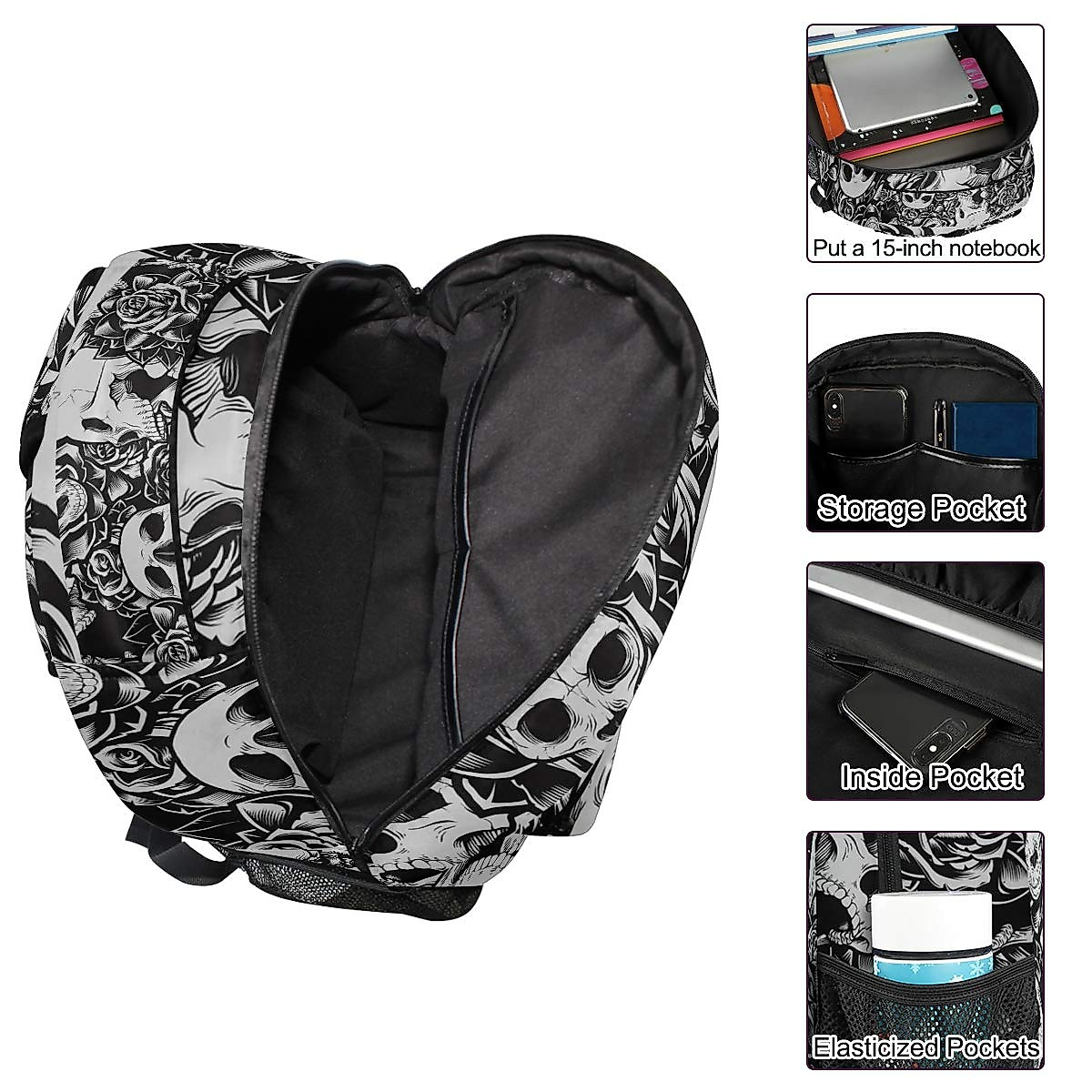 ZZKKO Floral Flower Sugar Skull Black and White Boys Girls School Computer Backpacks Book Bag Travel Hiking Camping Daypack