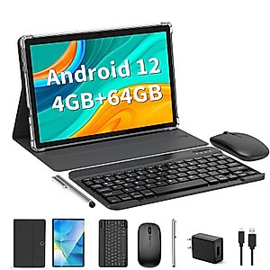 HISORL Android Tablet, 10 Inch Android 12 Tablet, 2 in 1 Tablet with Keyboard, Mouse, Case, Stylus, 4GB RAM 64GB ROM 1TB Expand, WiFi, Bluetooth, 8000mAh Battery, GMS Certified(Black)