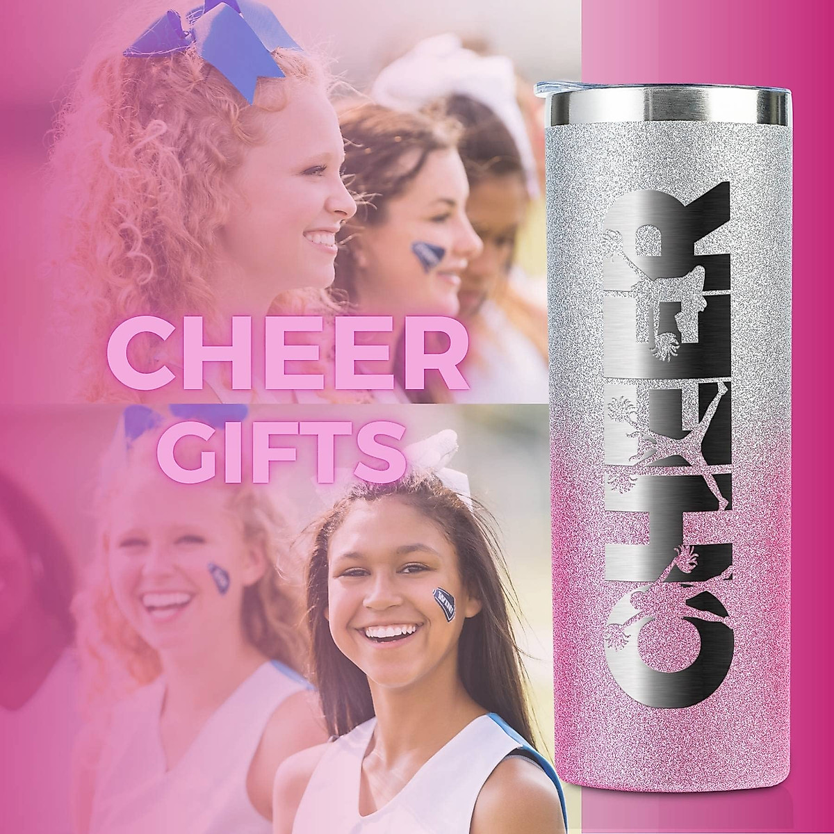 Onebttl Cheerleader Glitter Tumbler Gifts For Girls - Cheer - 20oz/590ml Stainless Steel Insulated Tumbler with Straw, Lid - Gift for Cheerleading, Coach or Cheer Squad - (Pink-Sliver Gradient)
