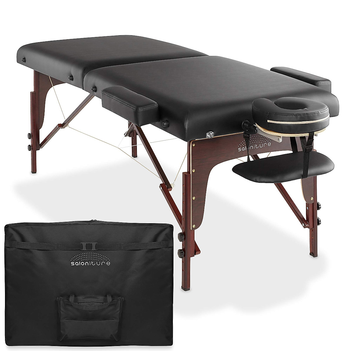 Saloniture Professional Portable Lightweight Bi-Fold Memory Foam Massage Table with Reiki Panels - Includes Headrest, Face Cradle, Armrests and Carrying Case - Black
