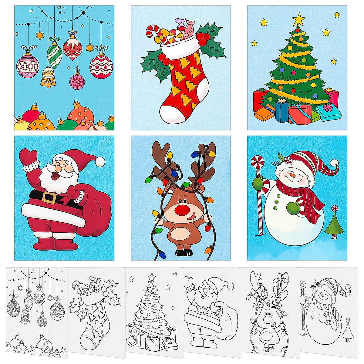6 Pack 8x10 Inches Christmas Theme Pre Drawn Canvas to Paint, Pre Printed Canvas for Ladies Sip and Paint Party Favor, Pre Sketched Canvas for Painting for Adults