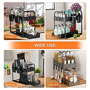 YOWOMTA Under Sink Storage Organizers,2-Tier Sliding Cabinet Drawer Organizer for Bathroom Kitchen,Pull Out Cupboard Organization Basket with Hooks,Hanging Cups,Handles