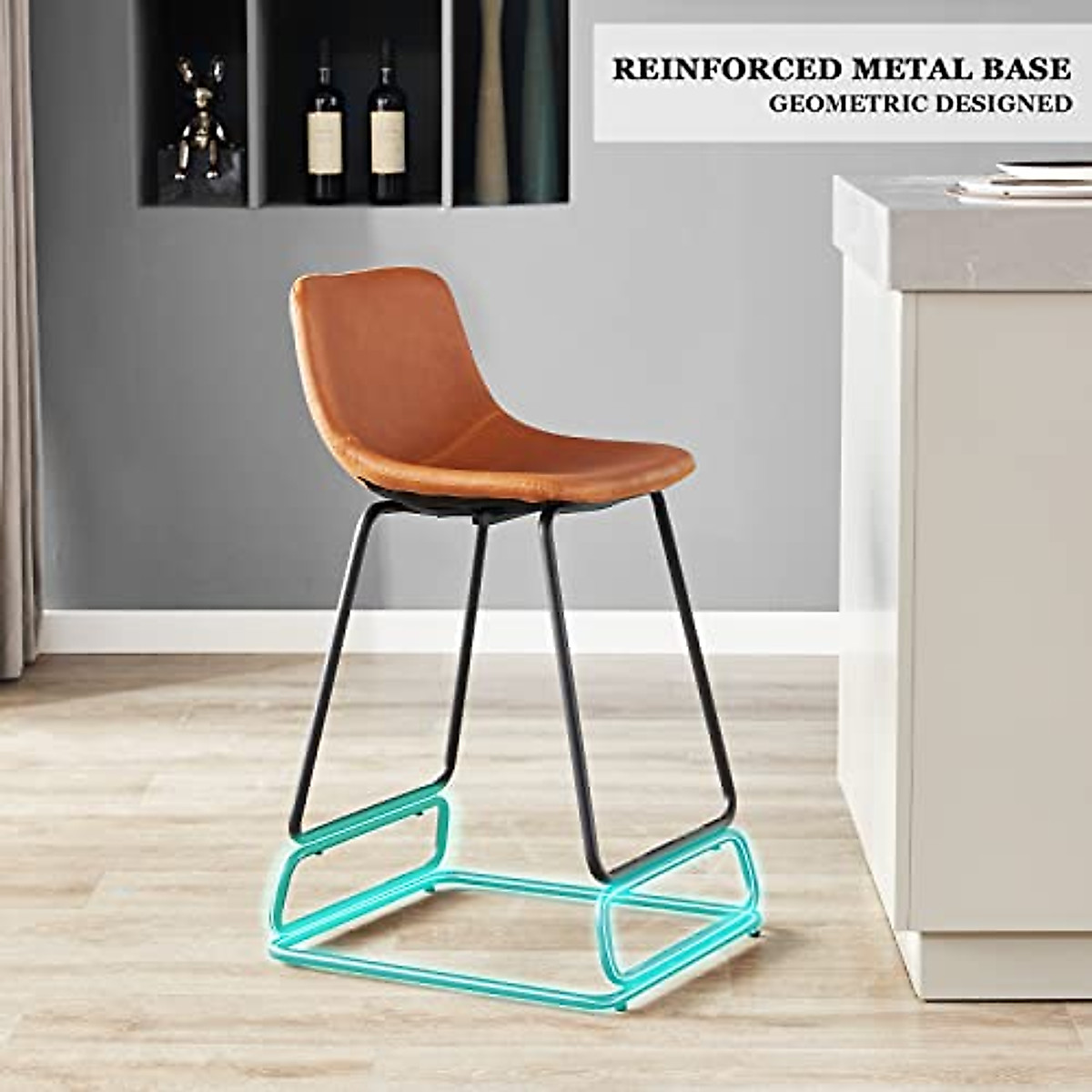 Counter Stools Industrial Faux Leather Bar Stools Set of 2,Urban Armless Dining Chairs with Metal Legs Modern Counter Height Barstools for High Desk Home Office Restaurants,24"