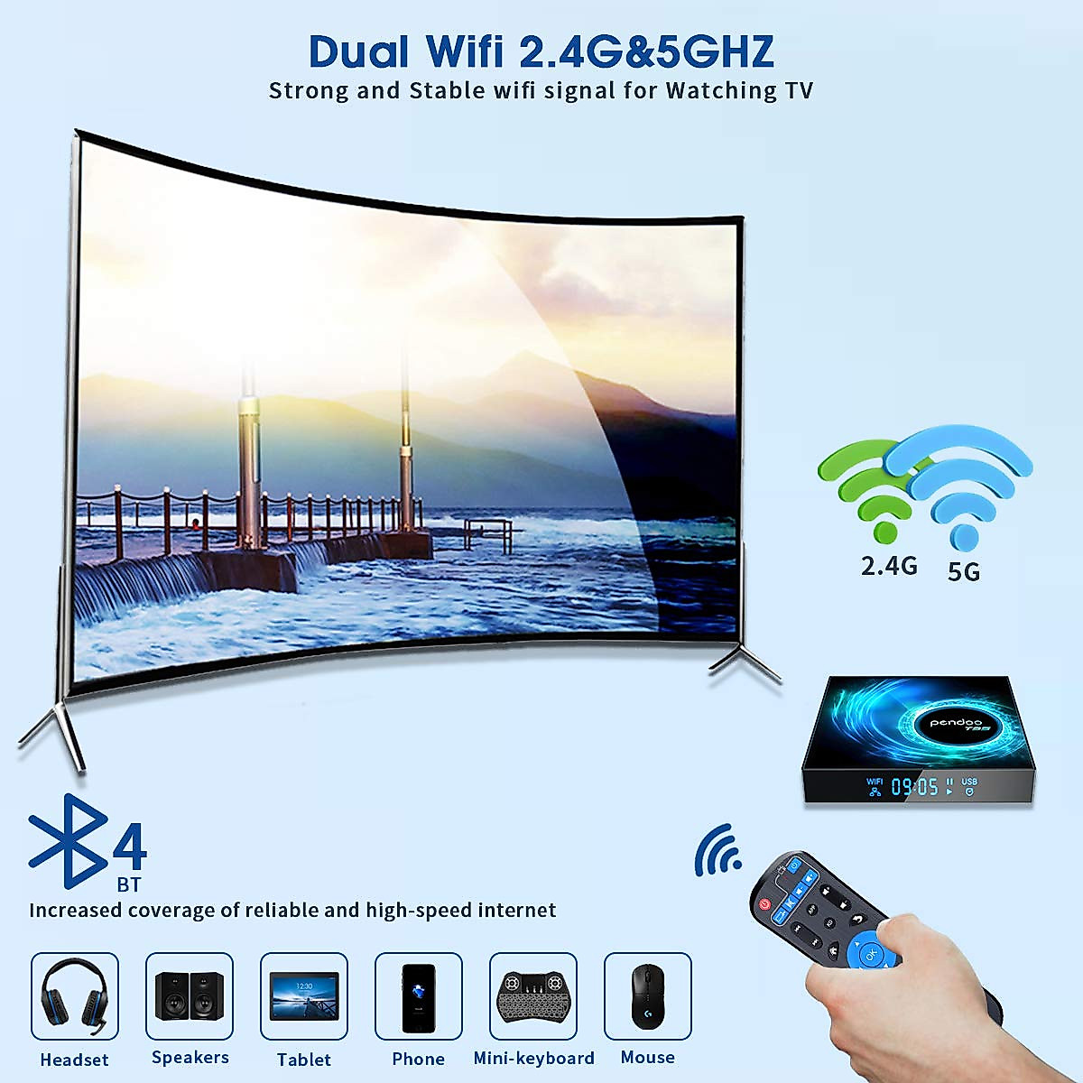 Android TV Box 10.0 4GB RAM 128GB ROM, 2021 Upgraded Pendoo T95 Android TV Box Allwinner H616 2.4G/5.8GHz WiFi Bluetooth, Android Box 10.0 with Wireless Mini Keyboard Ultra HD 6K HDR TV Box.