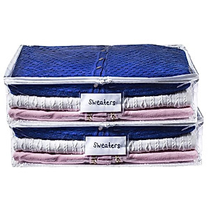 Clear Sweater Storage Bag - Durable Vinyl Material to Shield Your Contents from Dust, Dirt and Moisture. Easy Gliding Zipper for Easy Access and Label Pocket for Easy Identification. (2-Pack)