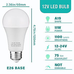 KEIVO 12 Volt Light Bulb, Warm White 3000K, 75 Watt Equivalent, 11W 1100 Lumens, AC/DC 12-24V Low Voltage Led Bulbs, A19 E26 Standard Base, Bright Bulbs for RV, Off Grid Cabin, Camper, 2 Pack