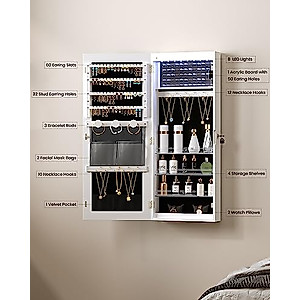 Hzuaneri 8 LEDs Mirror Jewelry Cabinet, 35.4-inch Jewelry Armoire Organizer, Wall/Door Mount Lockable Storage Cabinet with 4 Earrings Shelves, 2 Makeup Pockets, White and Black JC9003B