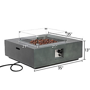 COSIEST Outdoor Propane Square Fire Pit Table, Green Faux Stone 35-inch Planter Base, 50,000 BTU Stainless Steel Burner, Amber Yellow Fire Glass and Rain Cover, Metal Lid